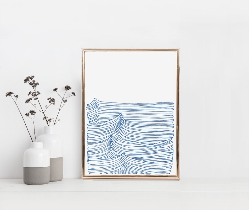 Simple Blue Line Drawing Ocean Art Print Waves Continuous | Etsy