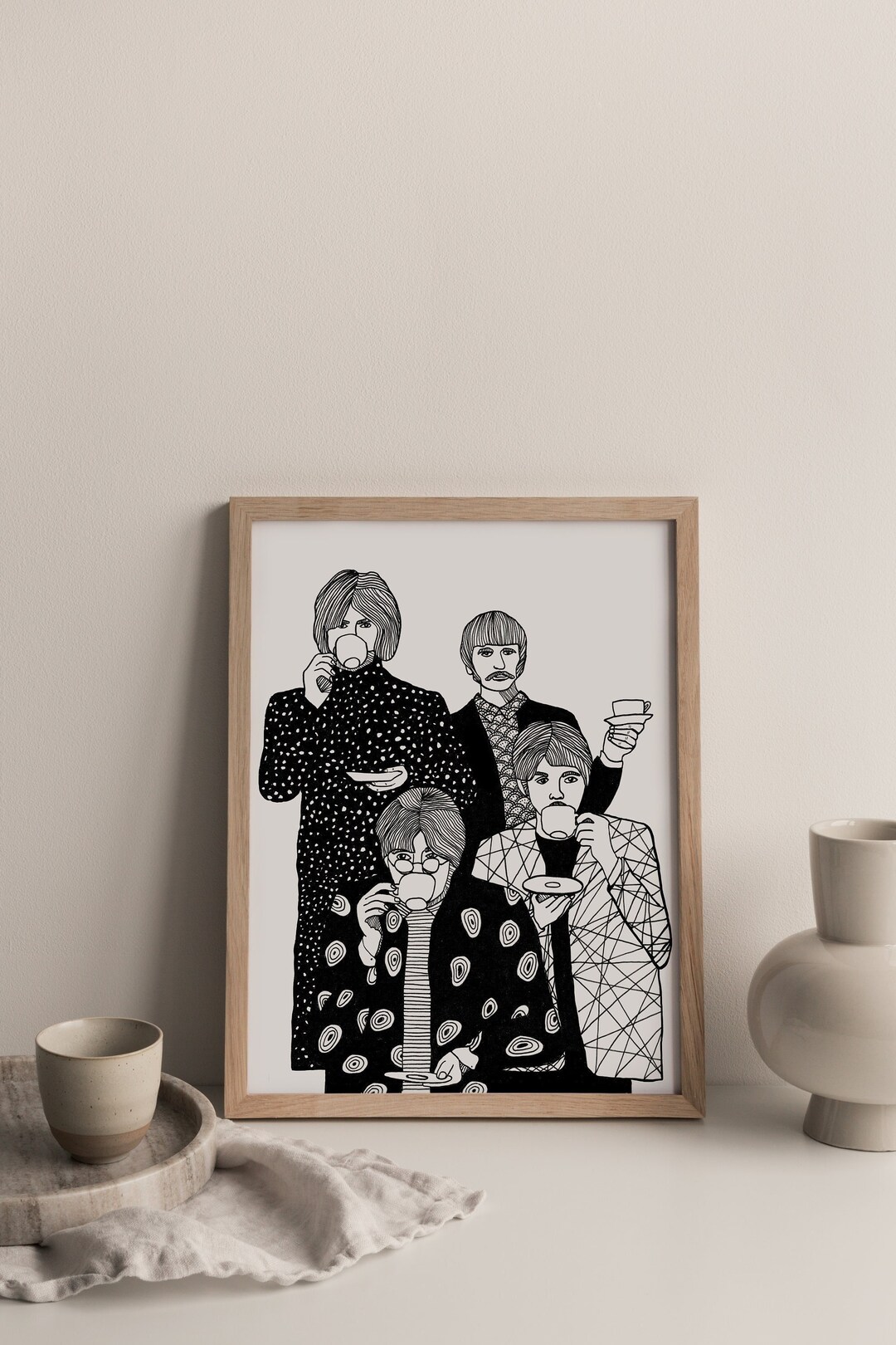 The Beatles Drinking Tea Print - Black & White Line Drawing on Bamboo ...