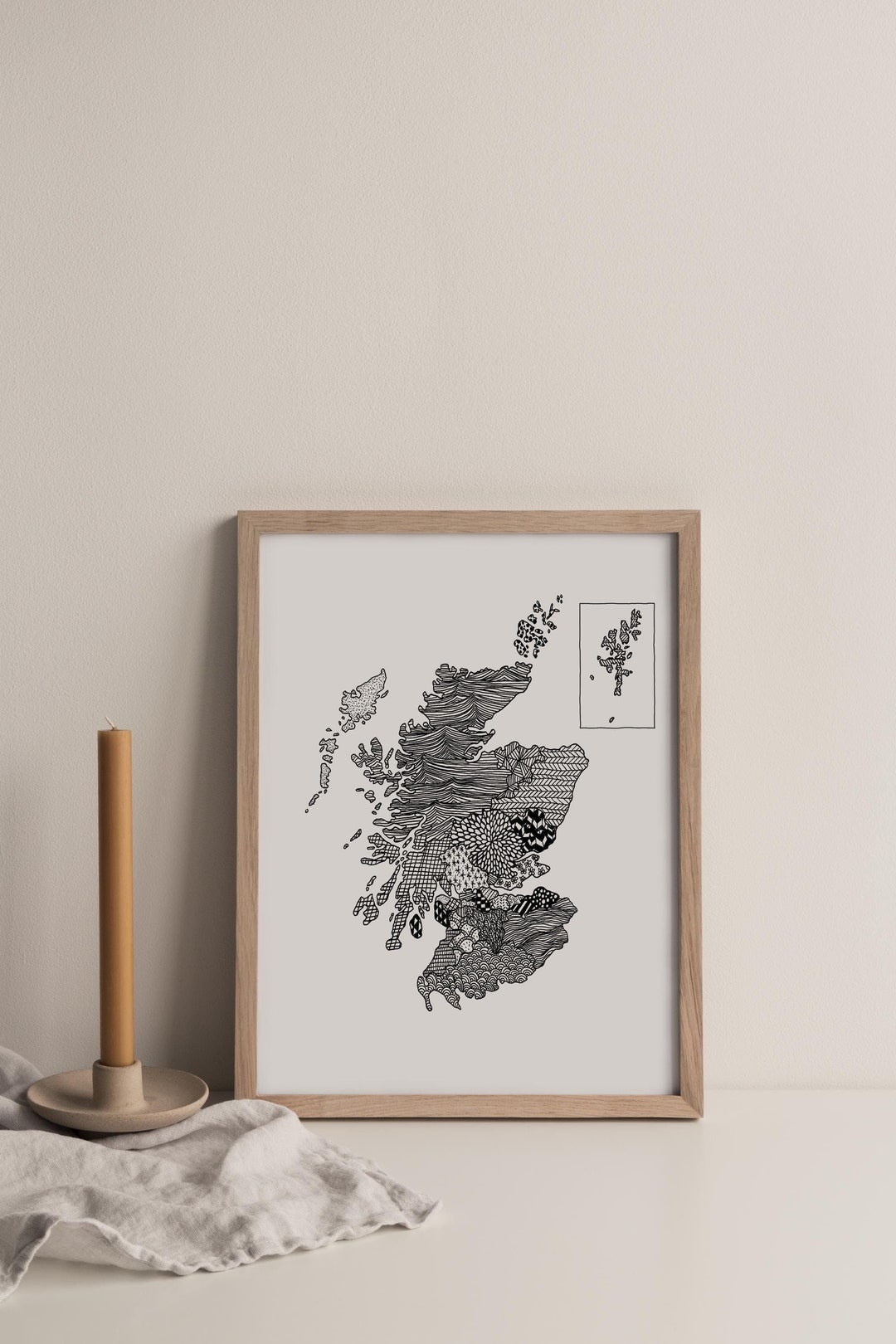 Scotland Map Art Print - Black and White Fine Liner Illustration on ...
