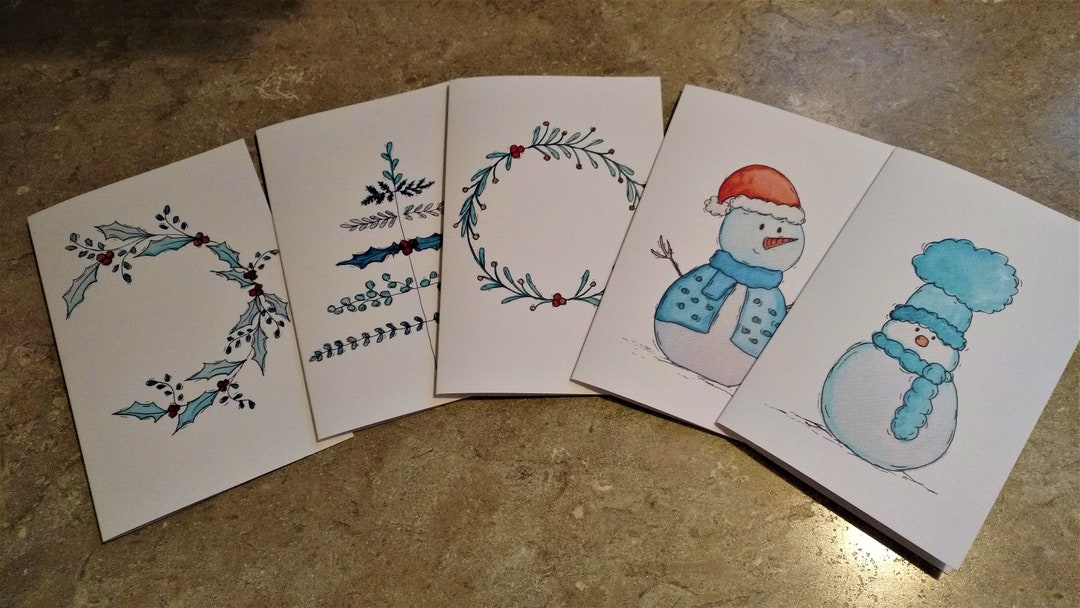 Set Five Christmas Cards Color Watercolor Matte Party - Etsy