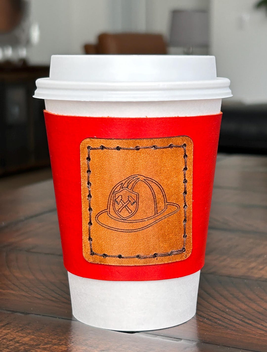 Leather Cozy With Fireman Helmet, Leather Cup Sleeve, Coffee Cup Sleeve ...