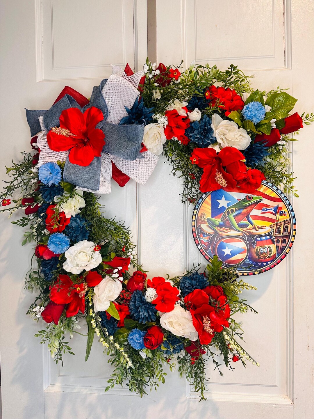Puerto Rican Flag Wreath – Red White Blue Front Door Decor – Coquí Frog ...