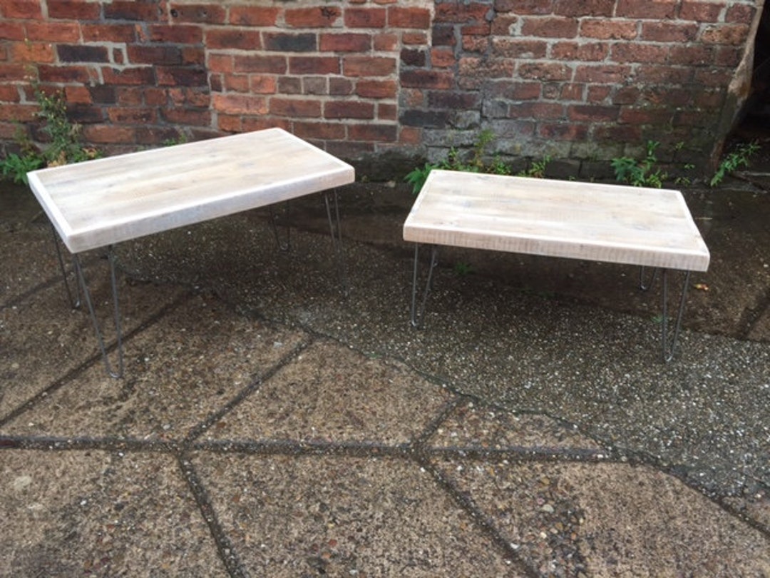 White Limed Rustic Pine Wood Top Hairpin Coffee Table. Low Level Table ...