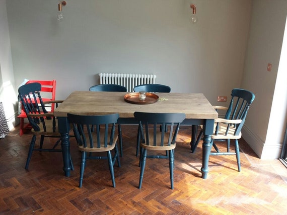 Hague Blue Farmhouse Dining Table With Rustic Pine Wood Top. Made to Any Size or Colour Kitchen Table Etsy