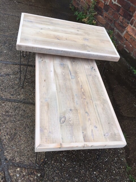 White Limed Rustic Pine Wood Top Hairpin Coffee Table. Low Level Table ...
