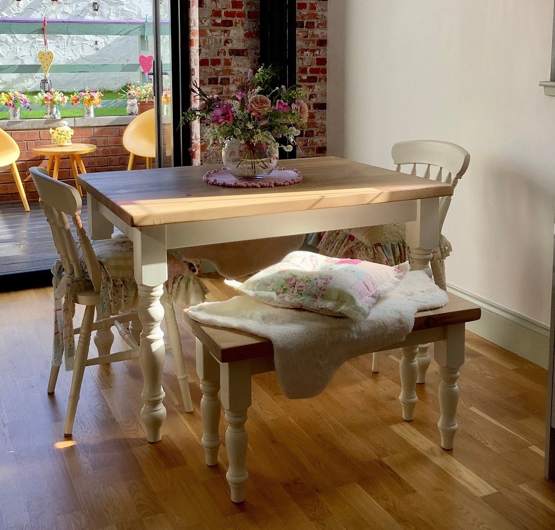 Small 4 Foot Farmhouse Dining Table & Matching 2 Benches Set. Rustic ...