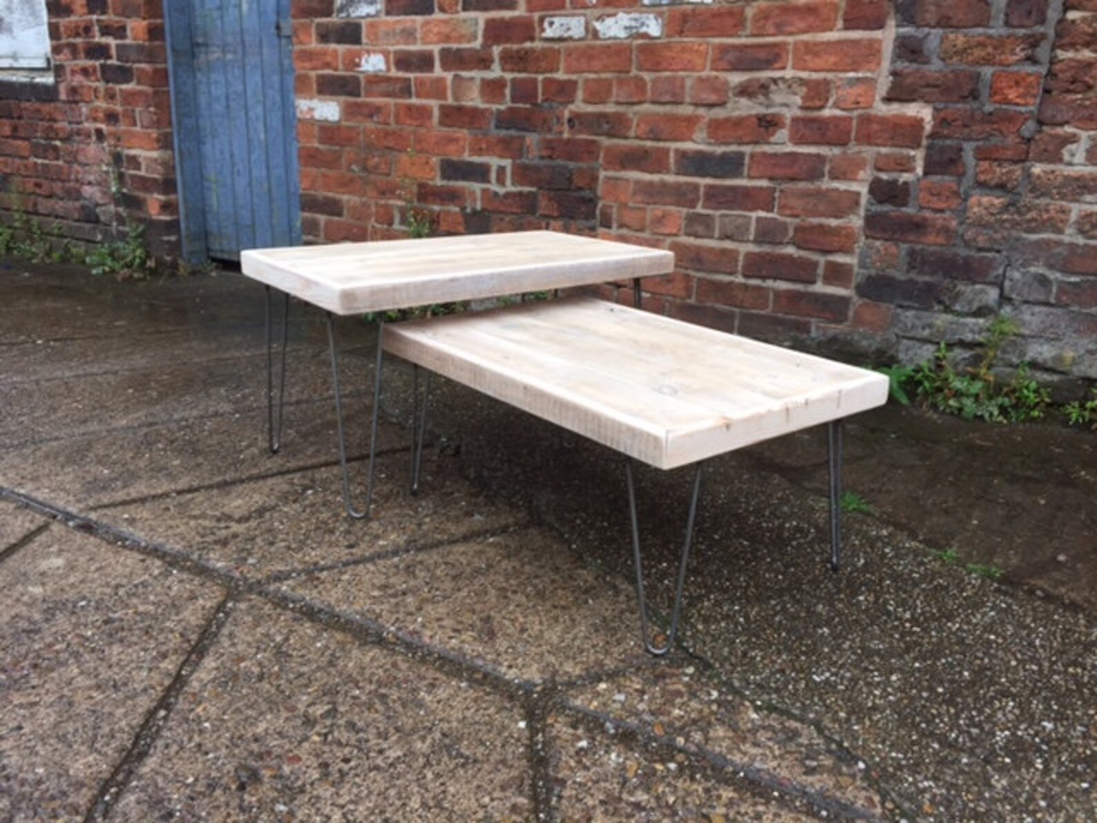White Limed Rustic Pine Wood Top Hairpin Coffee Table. Low Level Table ...