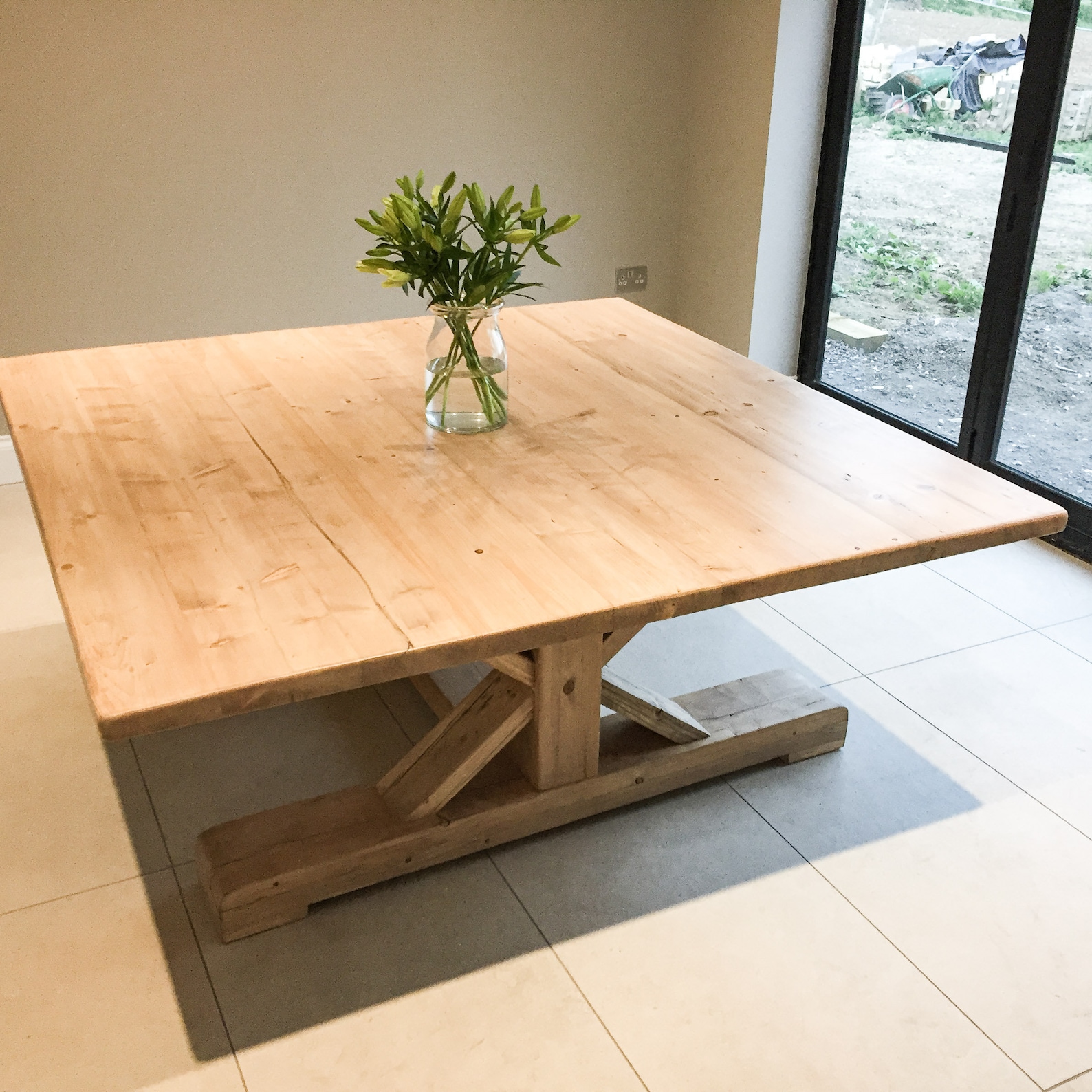 Extra Large 6ft Square Rustic Dining Table With Trestle Style Cross Leg ...