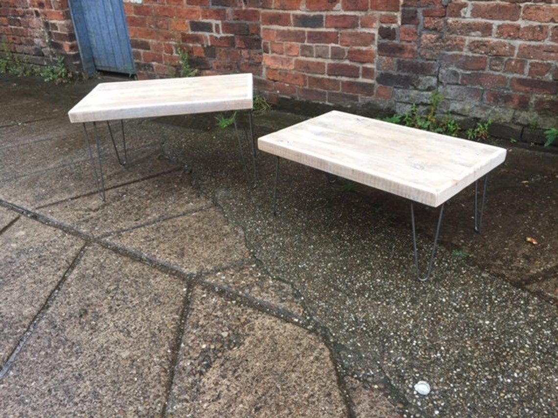 White Limed Rustic Pine Wood Top Hairpin Coffee Table. Low Level Table ...