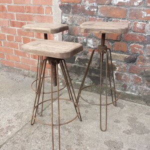 Industrial Hair Pin Leg Stool. Adjustable Height Steel & Reclaimed Wood ...
