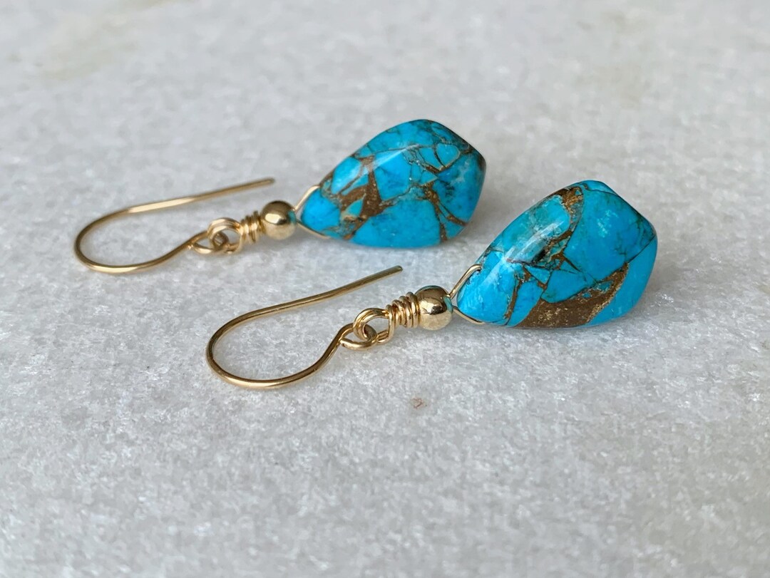 Gold Copper Turquoise Earrings / December Birthstone / - Etsy