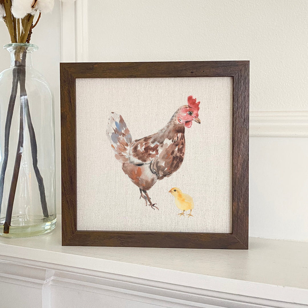 Watercolor Hen With Chick - Framed Sign, Home Decor, 9" X 9" Wood Frame ...
