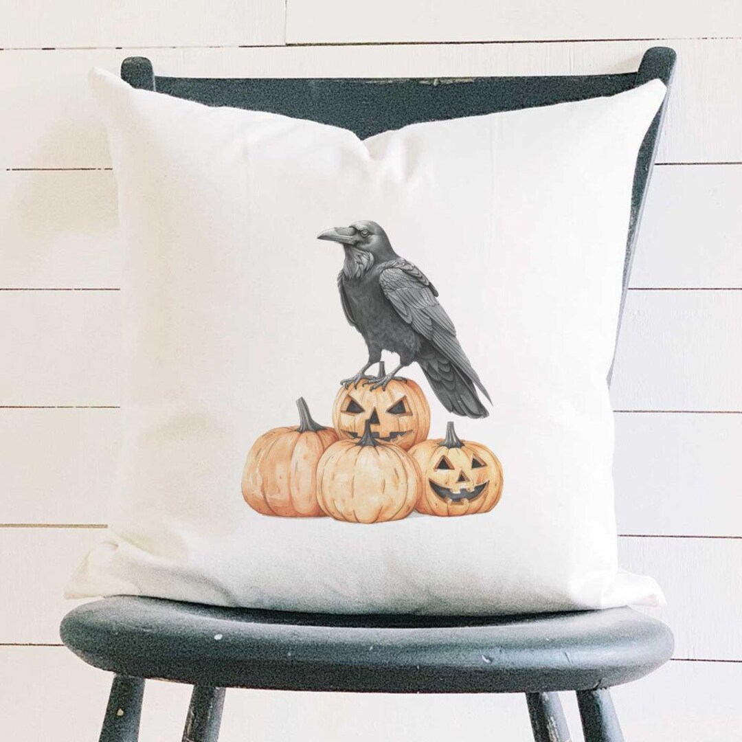 Crow and Carved Pumpkins - Customizable Halloween Pillow, Home Decor ...