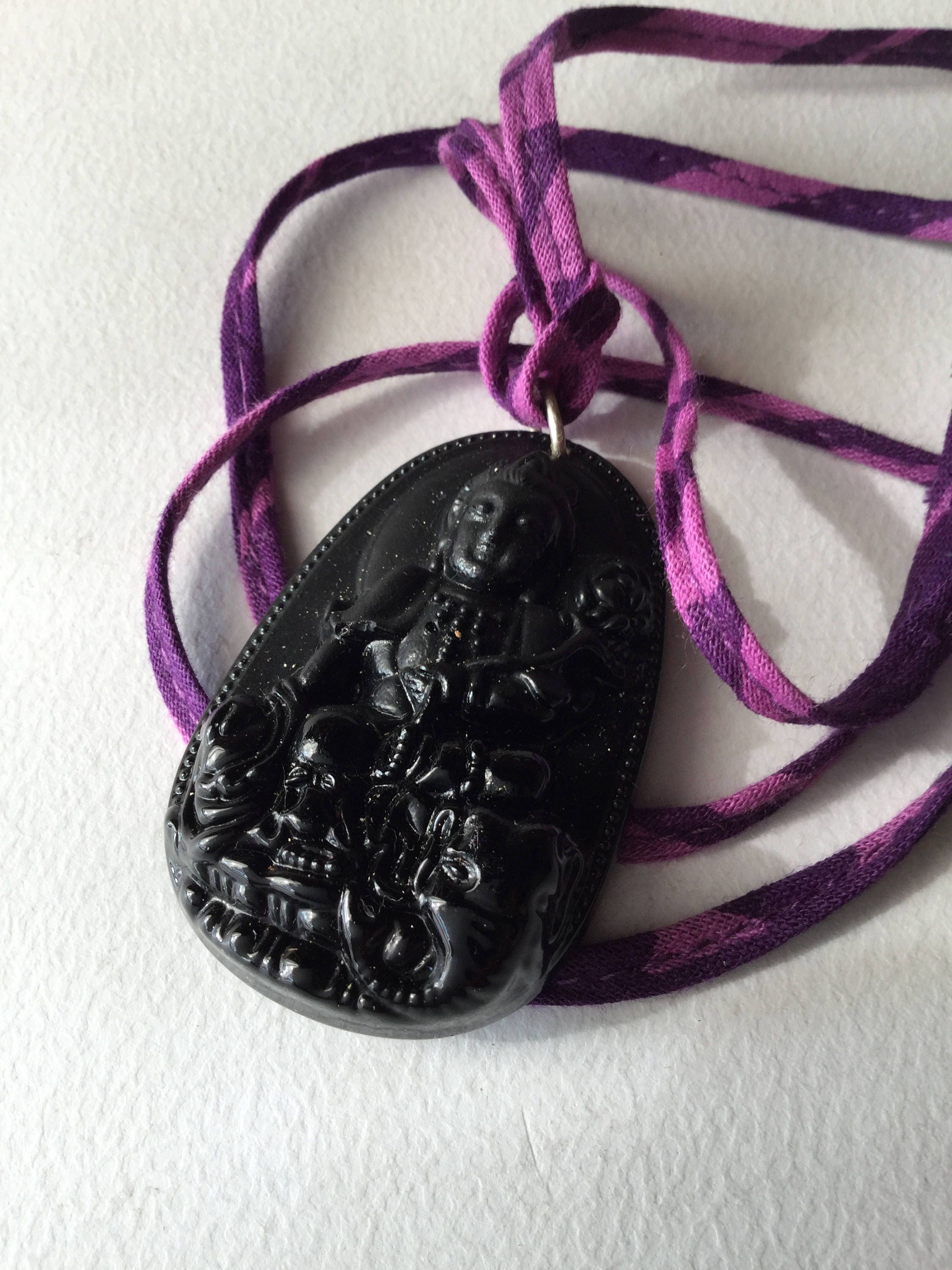 Tibetan Black Obsidian Stone Buddha Pendant, Amulet, Tribal Jewels ...