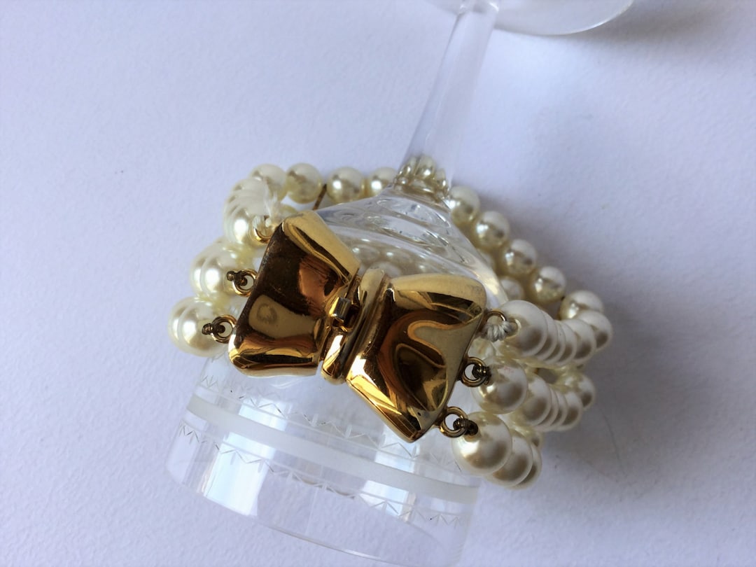 Art Deco Style Multistrand Pearl Bracelet With Gold Bow Clasp, Vintage ...