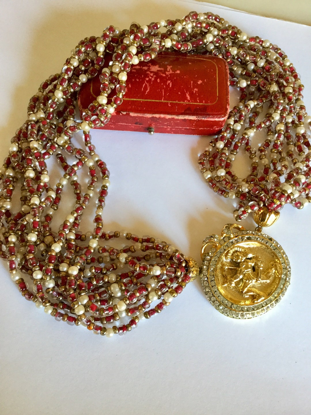 Antiques 80s Costume Greek Style Cameo Murano Beads Torchon Necklace - Etsy