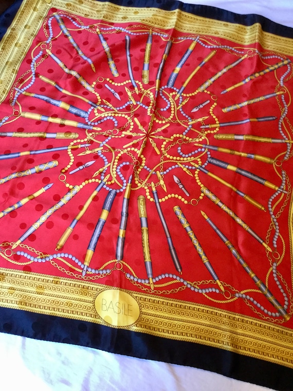 Vintage Auth Brandname Basile Fountain Pens Silk Scarf - Gem