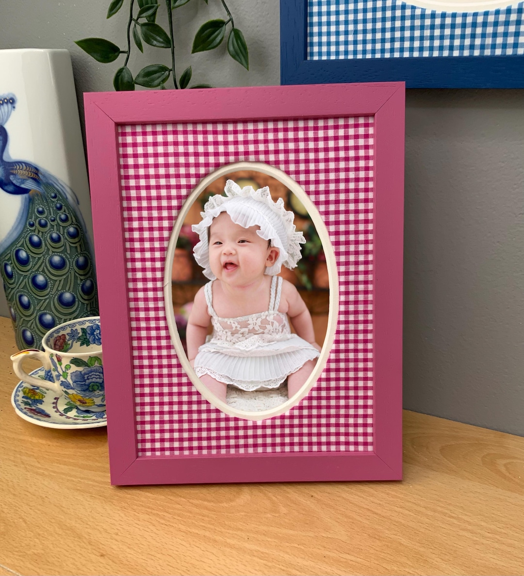 Pink Gingham Check Photo Frame: Cottagecore Nursery Decor (8x6 for 6x4 ...