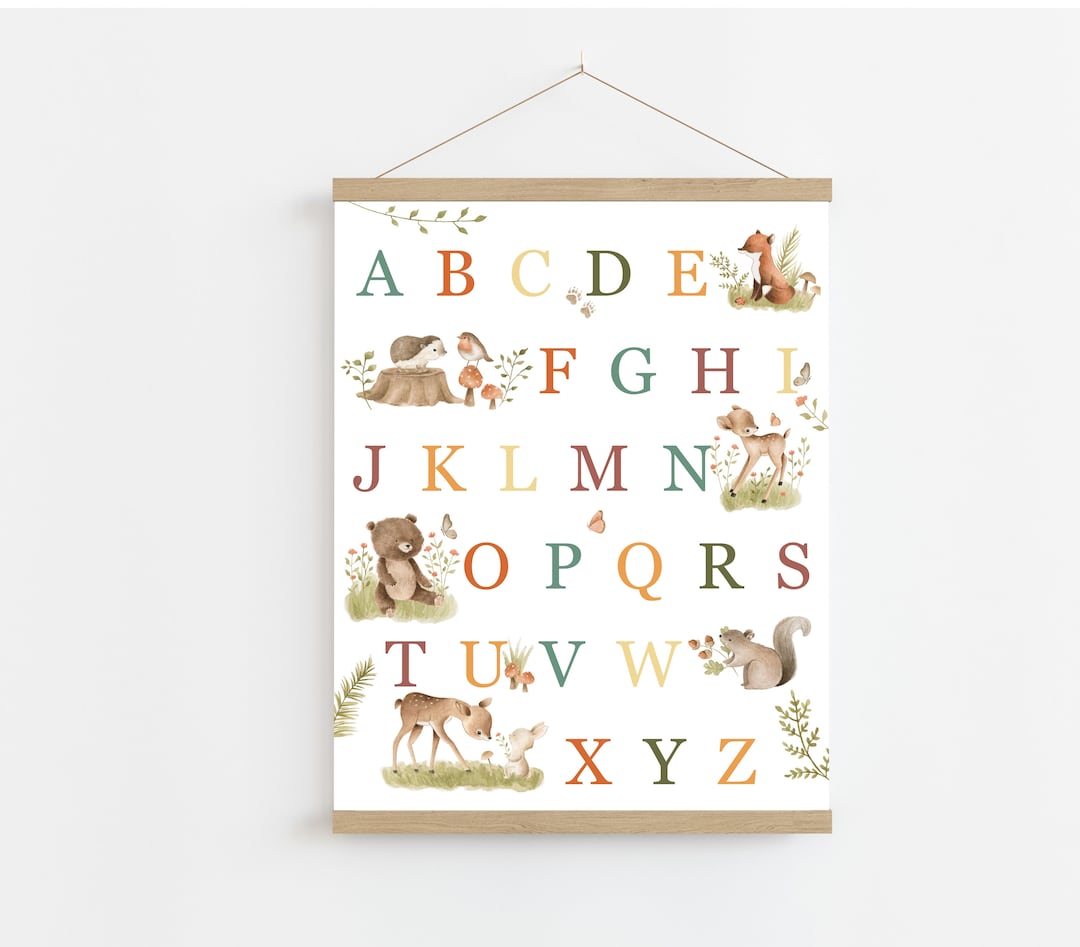 Woodland Alphabet Hanging Canvas Print, Nursery Decor, Framed Canvas ...
