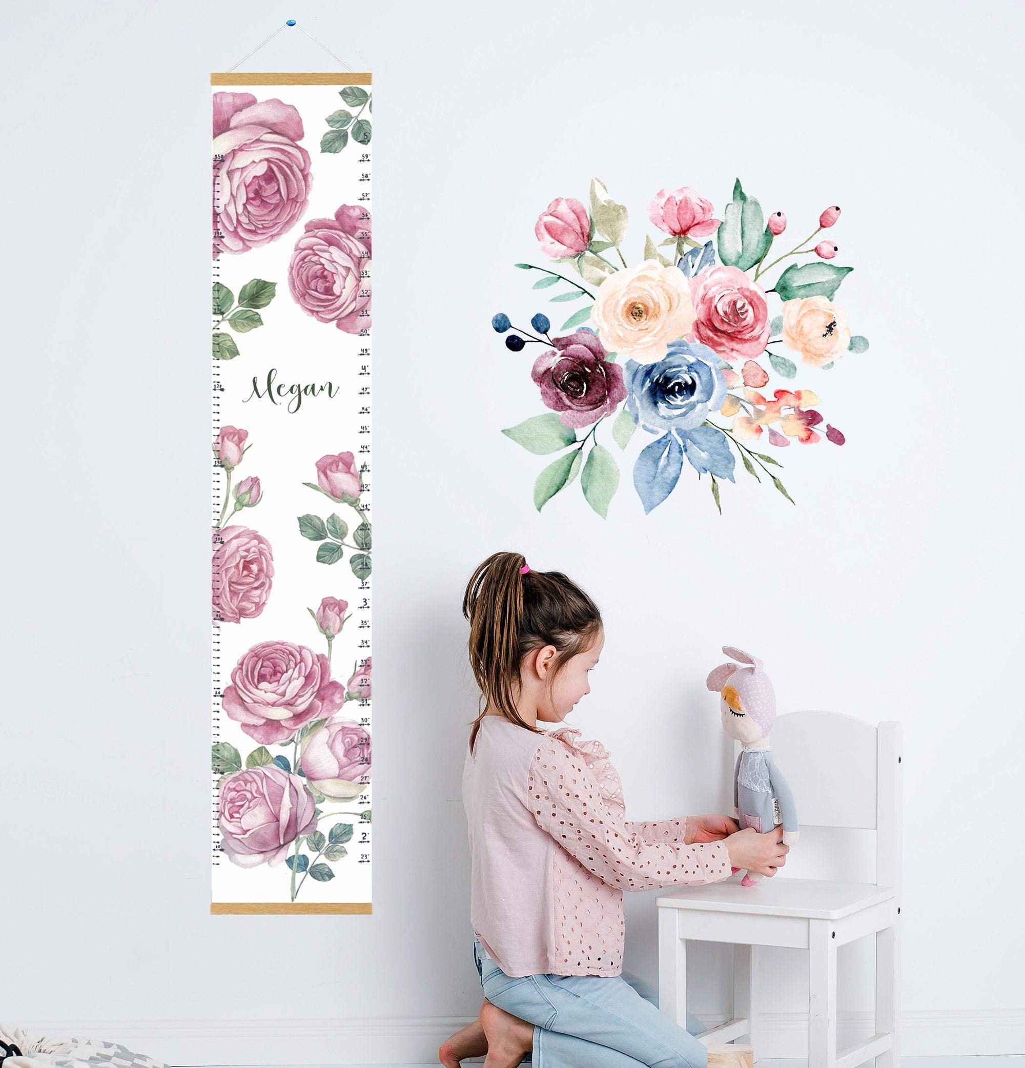 Pink Floral Height Chart Girl's Bedroom Roses Decor | Etsy