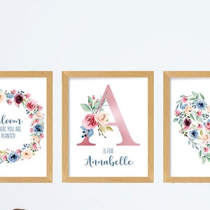 Flower Alphabet Kid's Room Set, Personalised Nursery Print Set, Floral ...