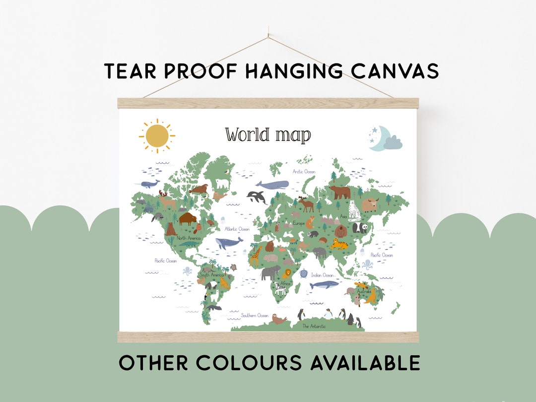 Personalised Kids World Map, Hanging Canvas, Nursery Wall Decor. Tear ...