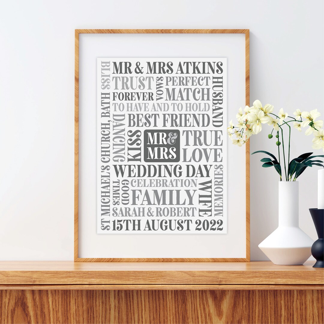 Personalised Mr & Mrs Word Art Print Wedding Details Choose Your Own ...