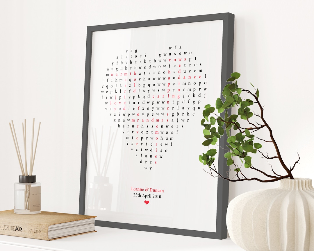 Personalised Word Search Love Heart Print | Wedding, Anniversary, or ...