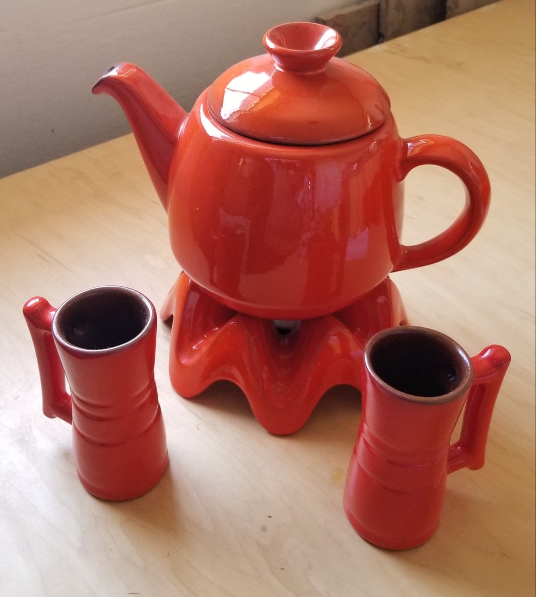 Red Frankoma Tea Pot With Warmer and Two Cups - Etsy