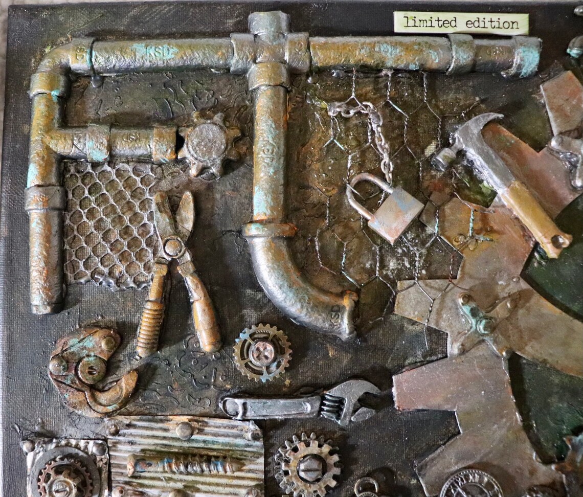 Steampunk Assemblage Art: Rusty Gears, Tools, Pipes - 12" X 12" Artwork ...