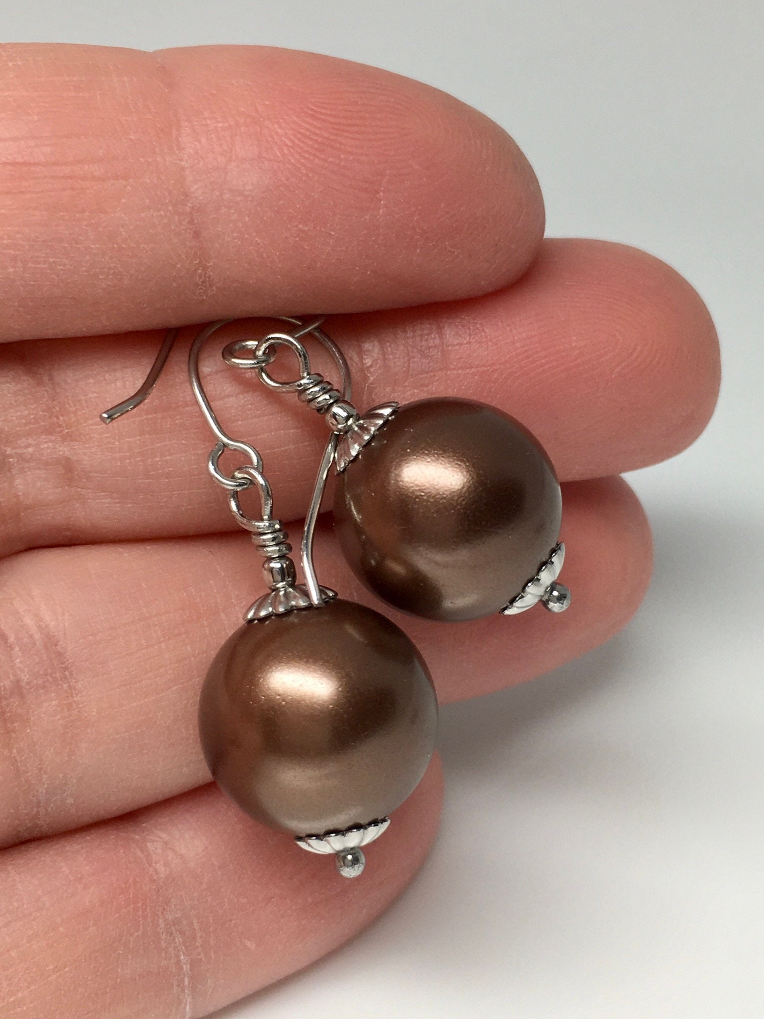 14mm Large Shell Pearls Silver Tone Stainless Steel Dangle Earrings ...