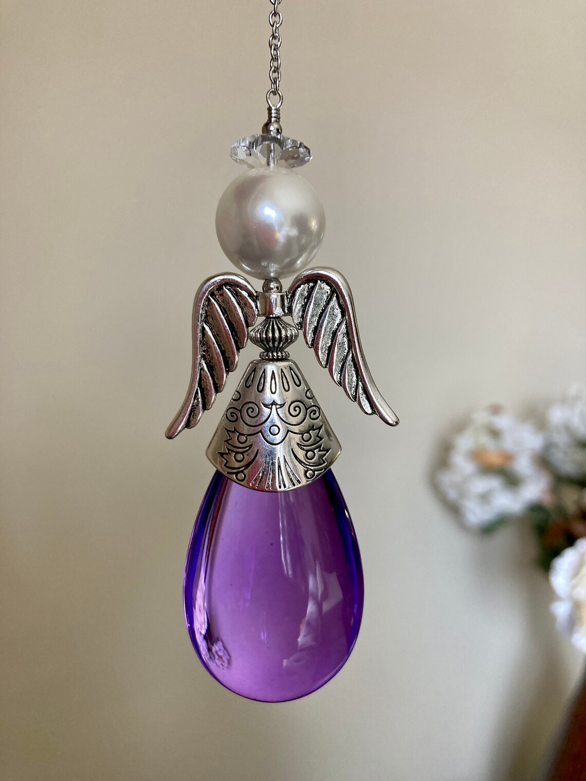 Light purple smooth glass angel ornament Winged silver angel | Etsy
