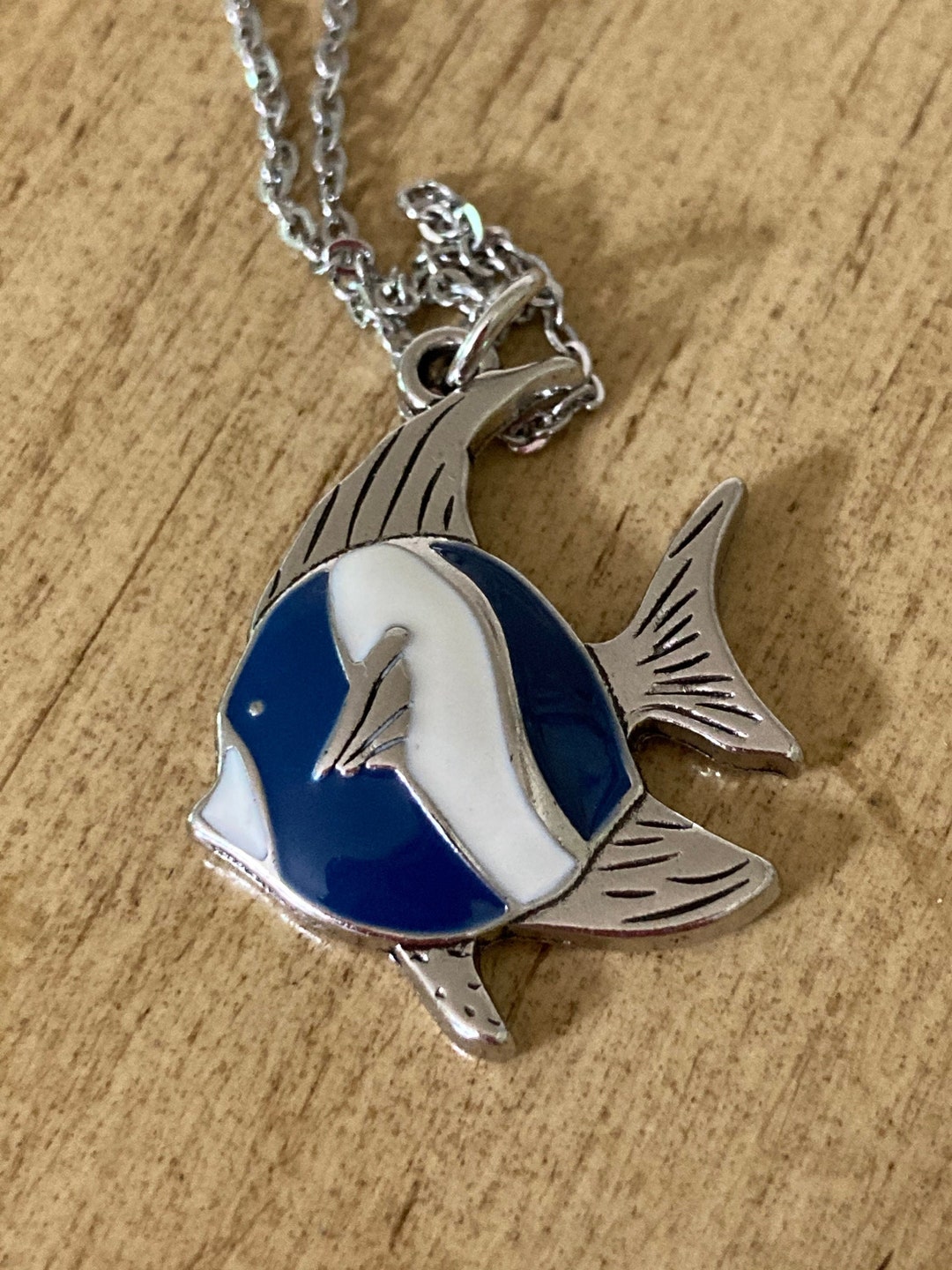 Blue Enamel Tropical Angel Fish Pendant Silver Stainless Steel Dainty ...