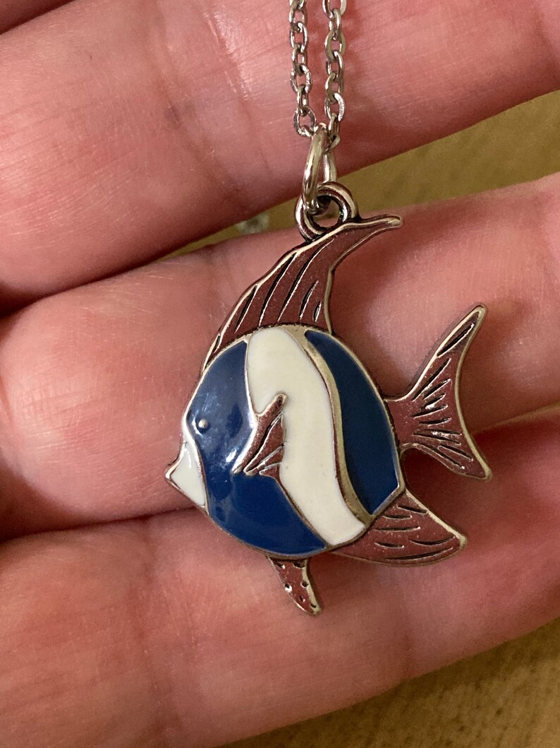 Blue Enamel Tropical Angel Fish Pendant Silver Stainless Steel Dainty ...