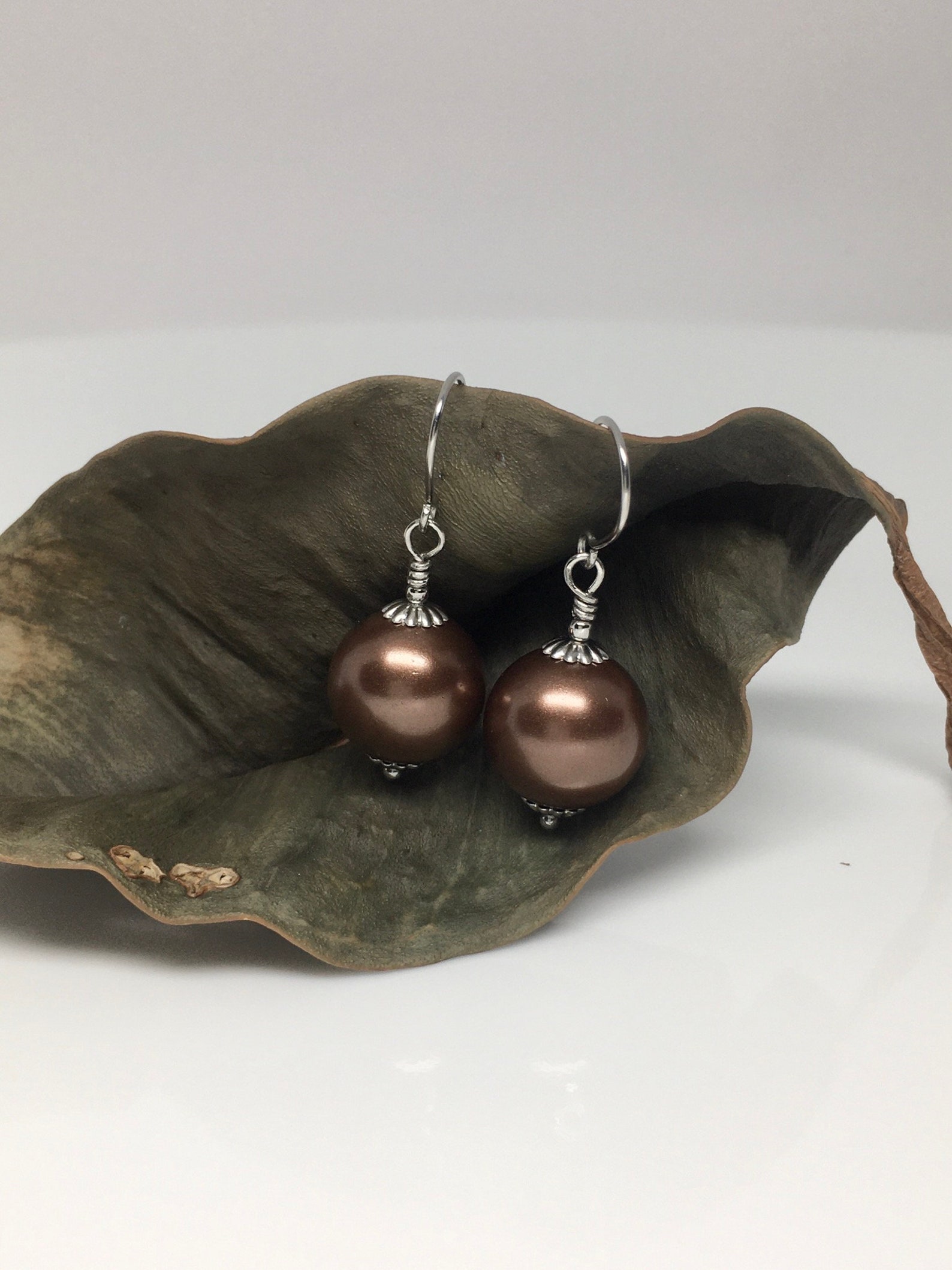 14mm Large Shell Pearls Silver Tone Stainless Steel Dangle Earrings ...