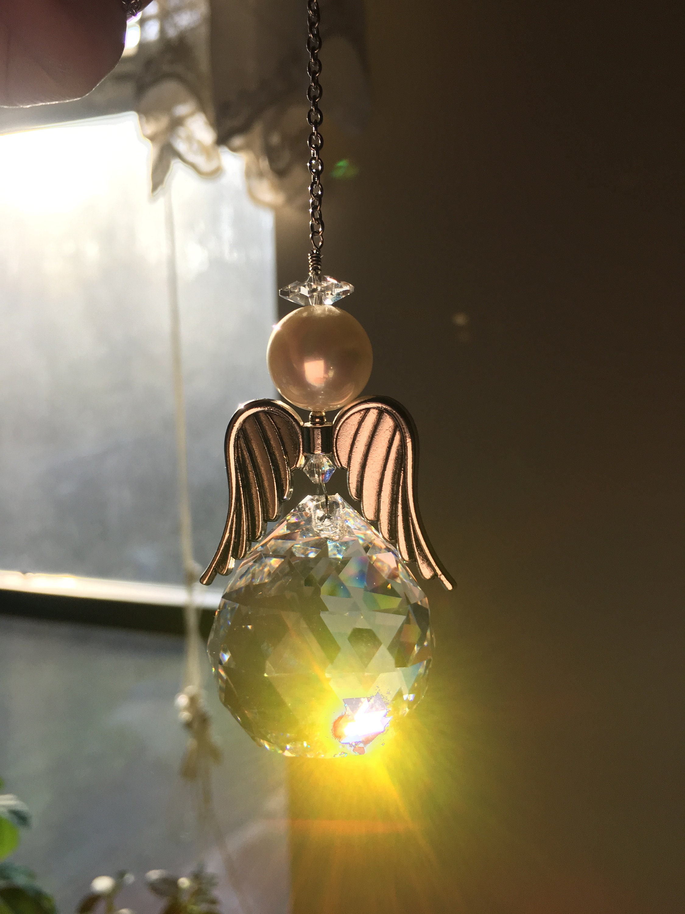 White pearl crystal glass angel prism Angel sun catcher | Etsy