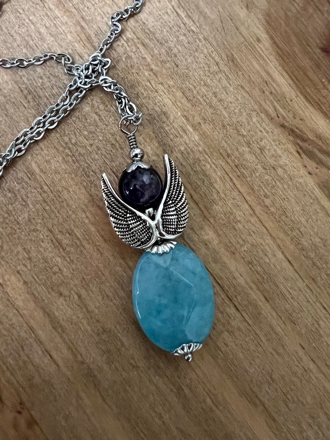 Blue Angelite and Purple Amethyst Pendant Silver Dainty Chain Necklace ...