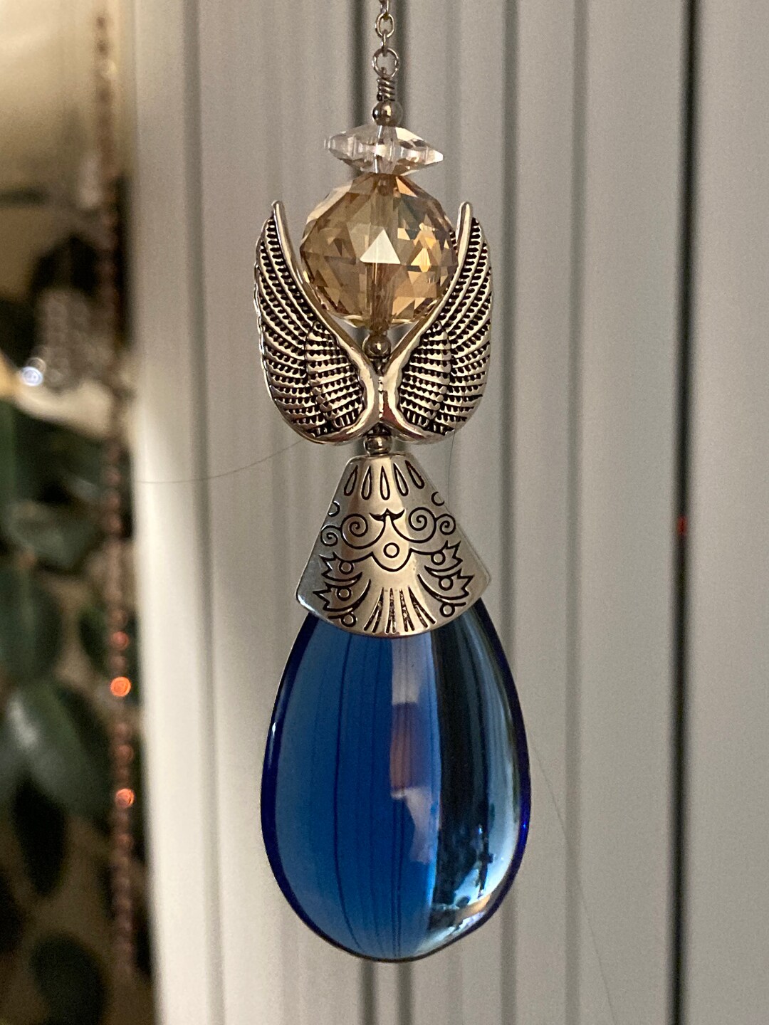 Blue Teardrop Angel Pendant Silver Ornament Winged Angel Royal Blue ...