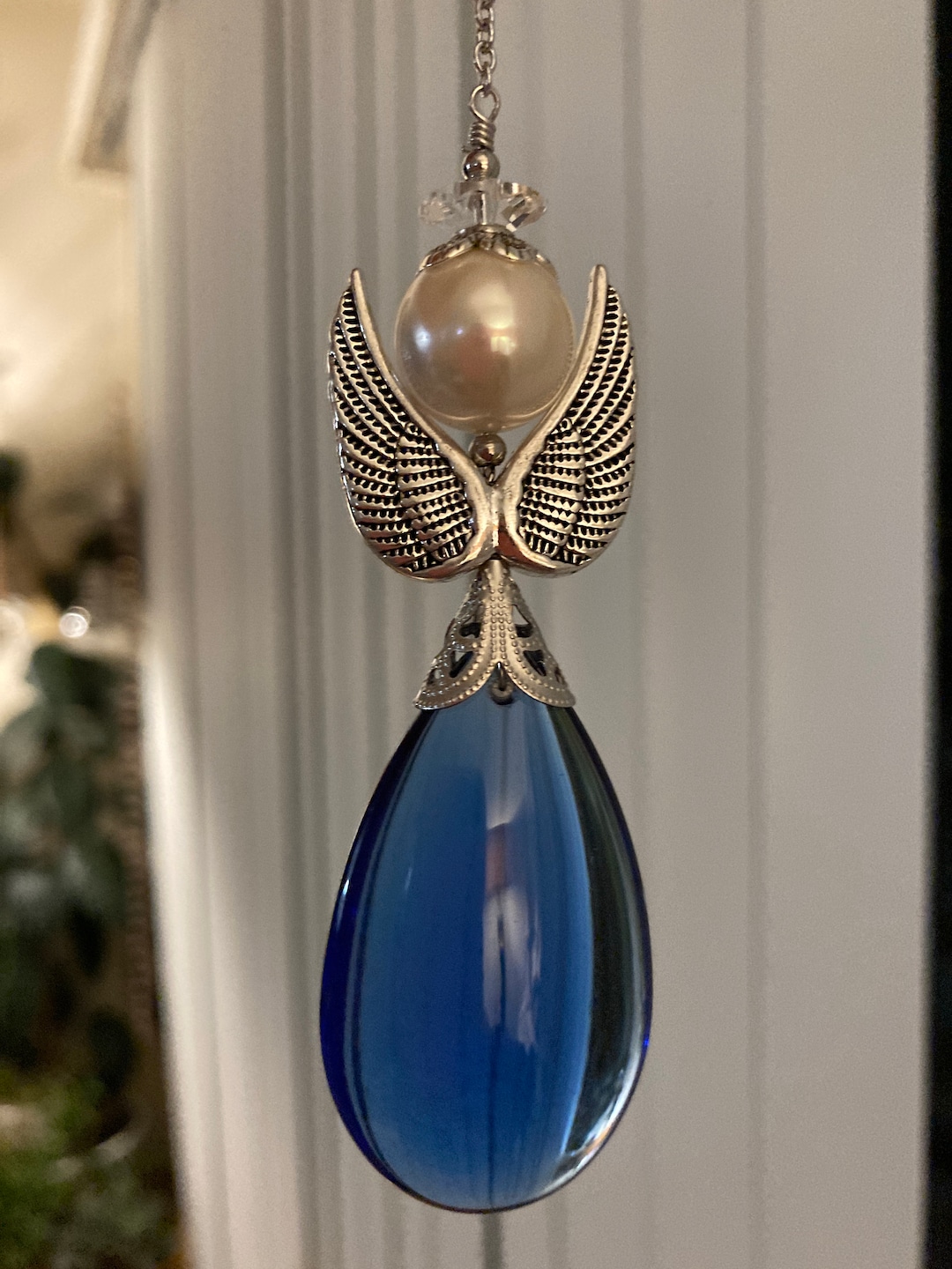 Royal Blue Teardrop Smooth Glass Angel With Pearl Pendant Gift Idea - Etsy