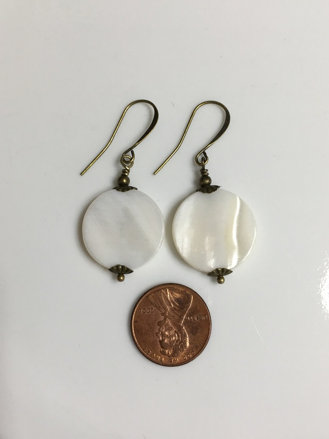 White Round Coin Sea Shell Dangle Earrings, Bronze Brass Earrings, Flat ...