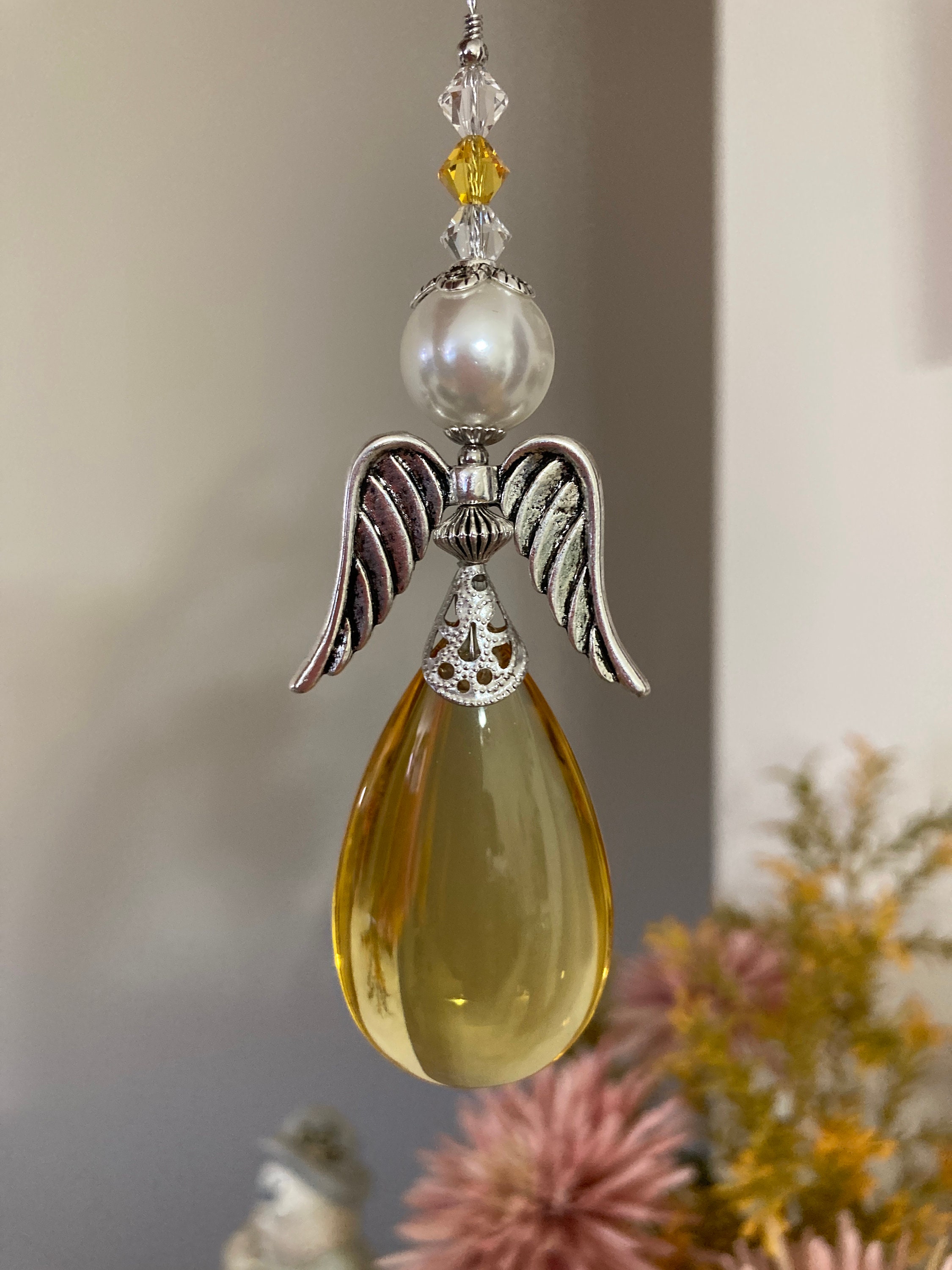 Yellow Smooth Glass Teardrop Angel Pendant Ornament Gift for | Etsy