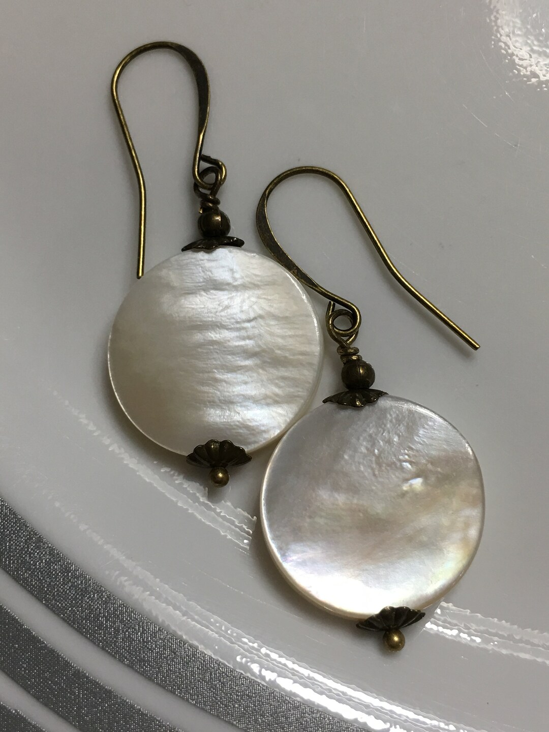 White Round Coin Sea Shell Dangle Earrings, Bronze Brass Earrings, Flat ...