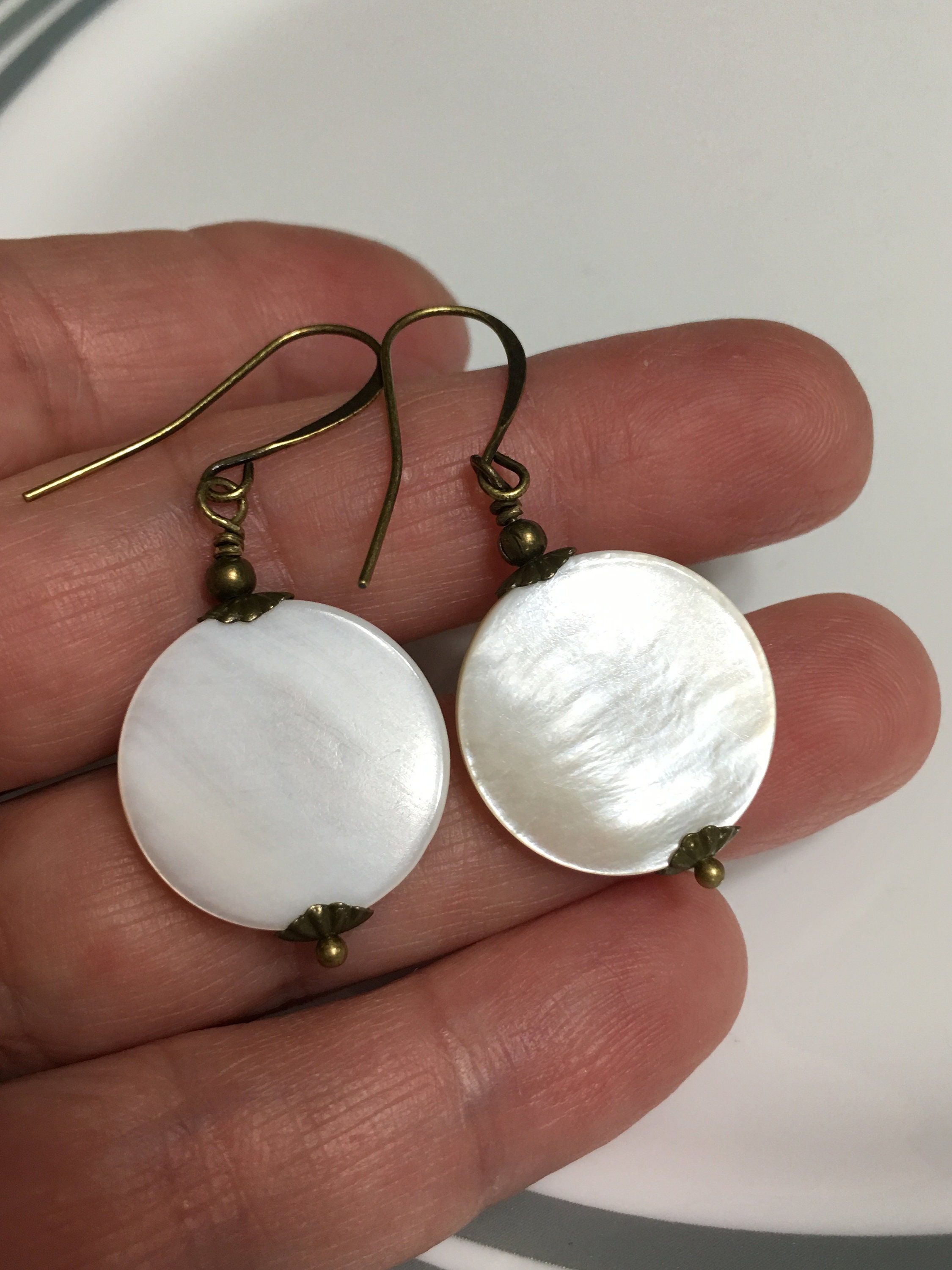 White Round Coin Sea Shell Dangle Earrings, Bronze Brass Earrings, Flat ...