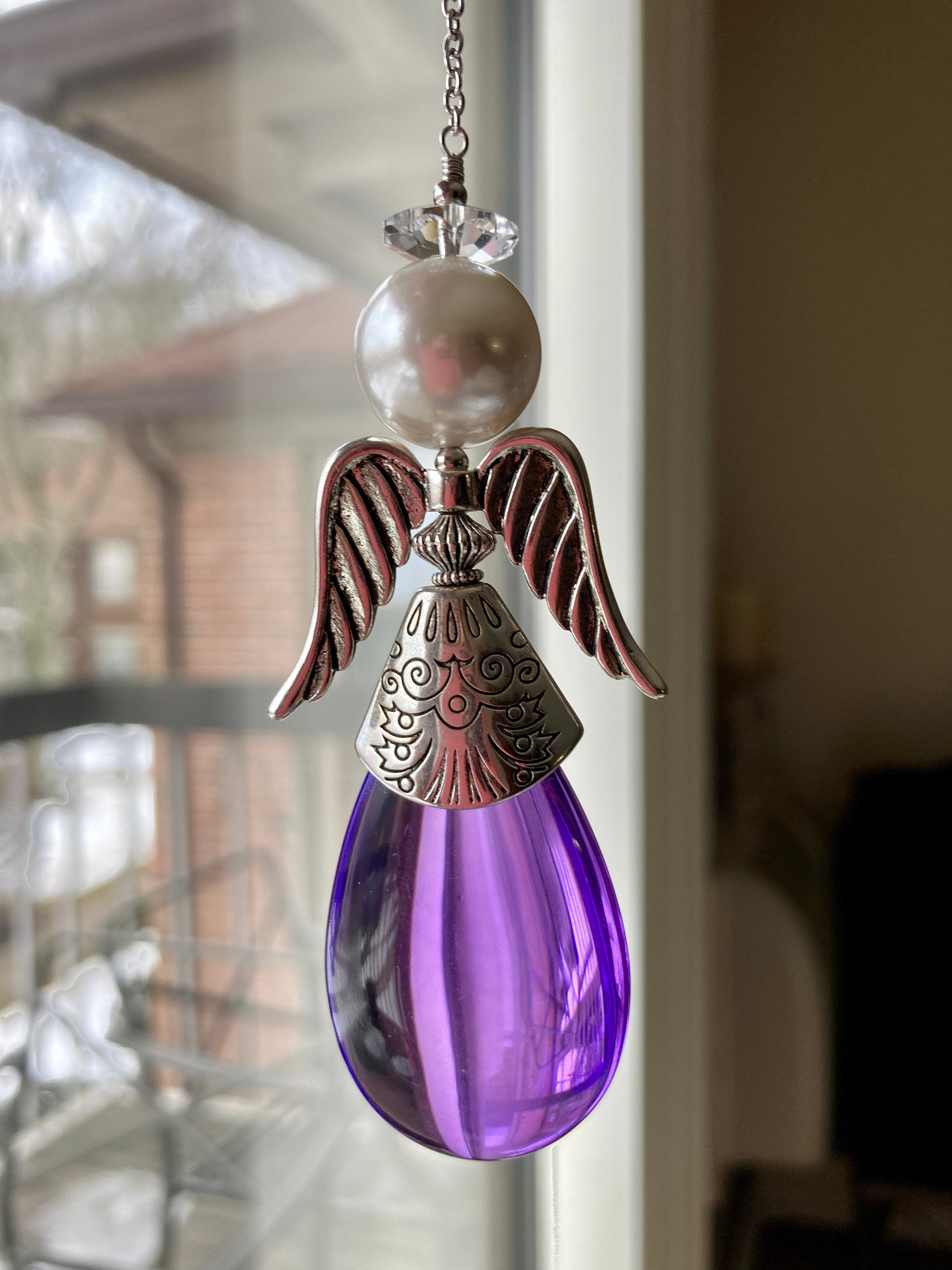 Light purple smooth glass angel ornament Winged silver angel | Etsy