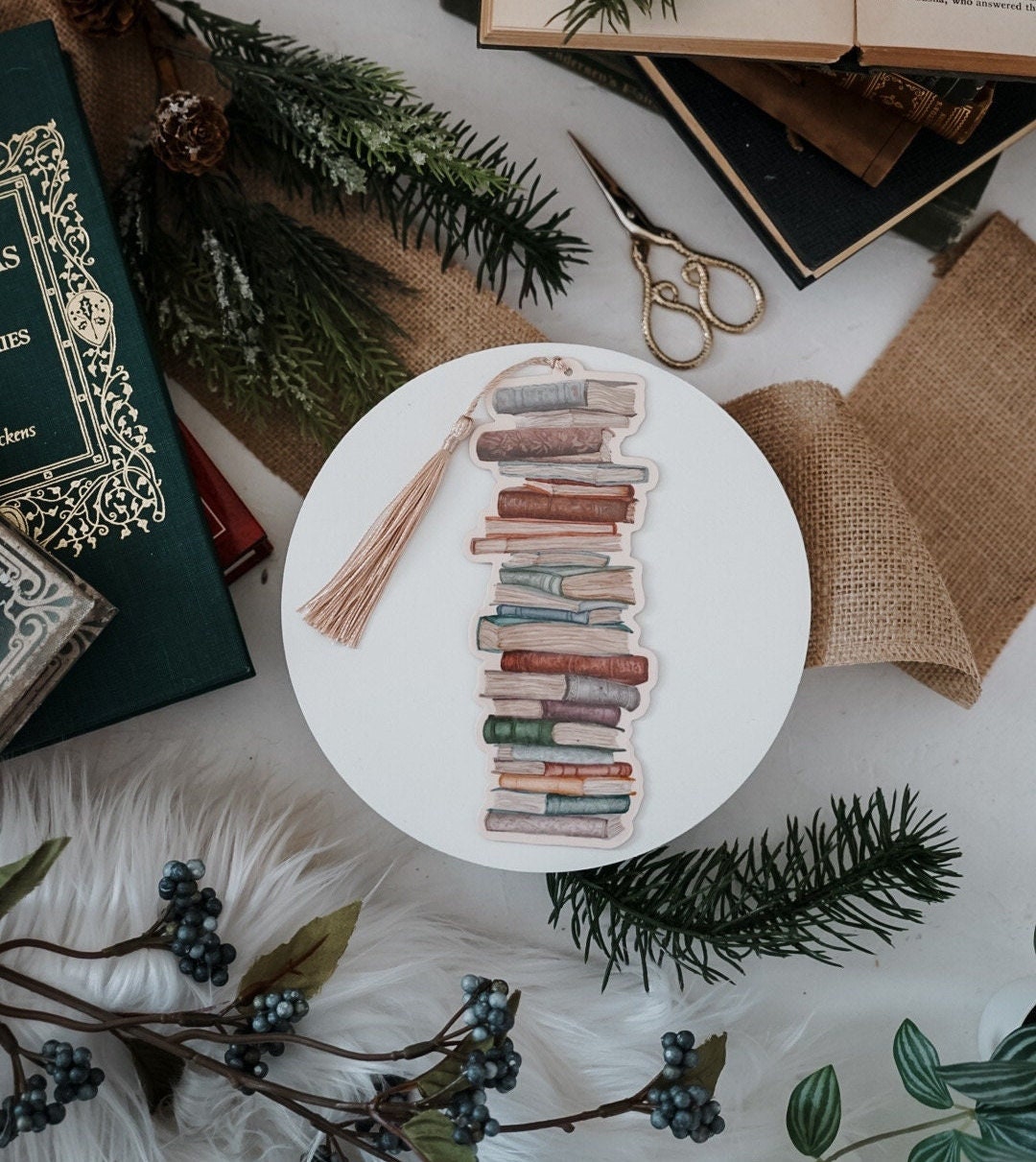 Vintage Bookstack Die Cut Bookmark. Book Lover Gift. Book Club. Watercolor. Dark Academia ...