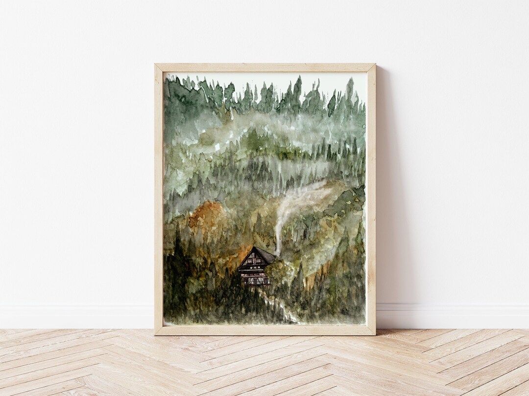 Woodland Cabin Print / Festive Forest Art / Nature Print / Rustic ...