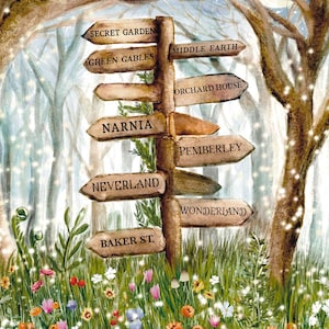 Literary Signpost Watercolor Print: Fairy Garden Book Lover Art - Etsy