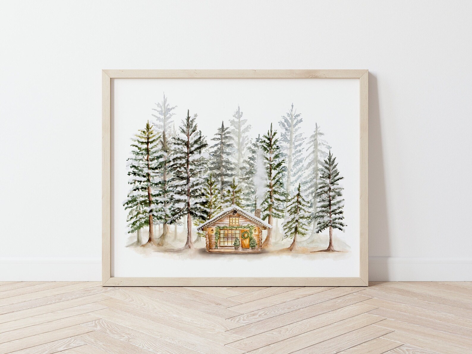 Winter Cabin Print / Festive Forest Art / Nature Print / Rustic Cottage ...