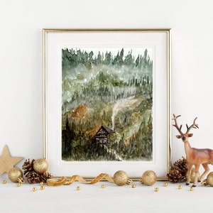 Woodland Cabin Print / Festive Forest Art / Nature Print / Rustic ...