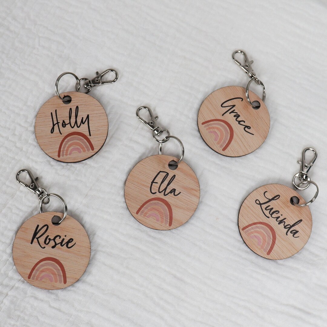 Personalised Kids Bag Tags - Wooden Rainbow With Custom Name Keyring ...